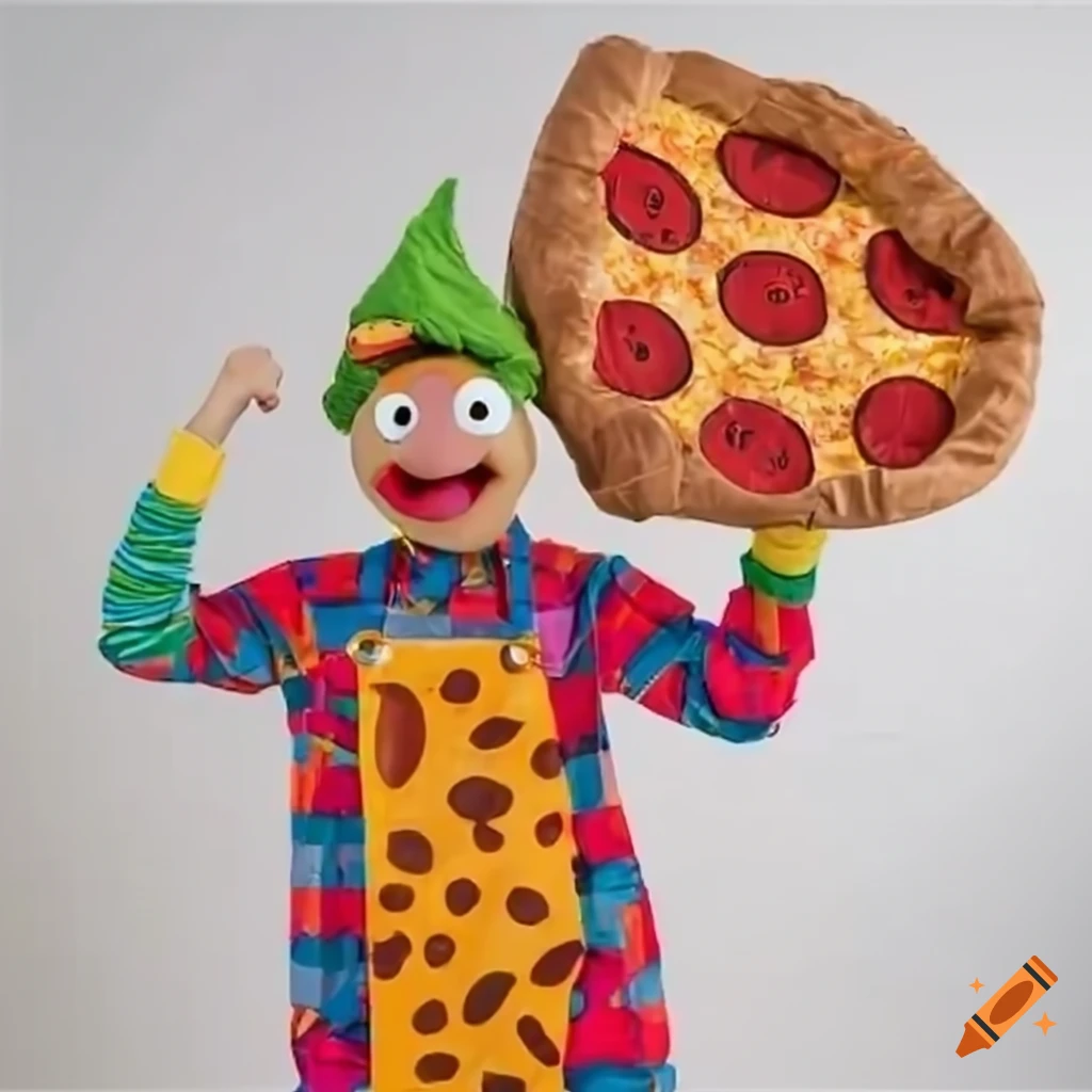 Adorable Muppet character in a pizza costume with colorful overalls on ...