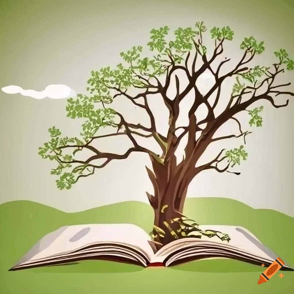 Tree growing in an open book in line illustration style on Craiyon