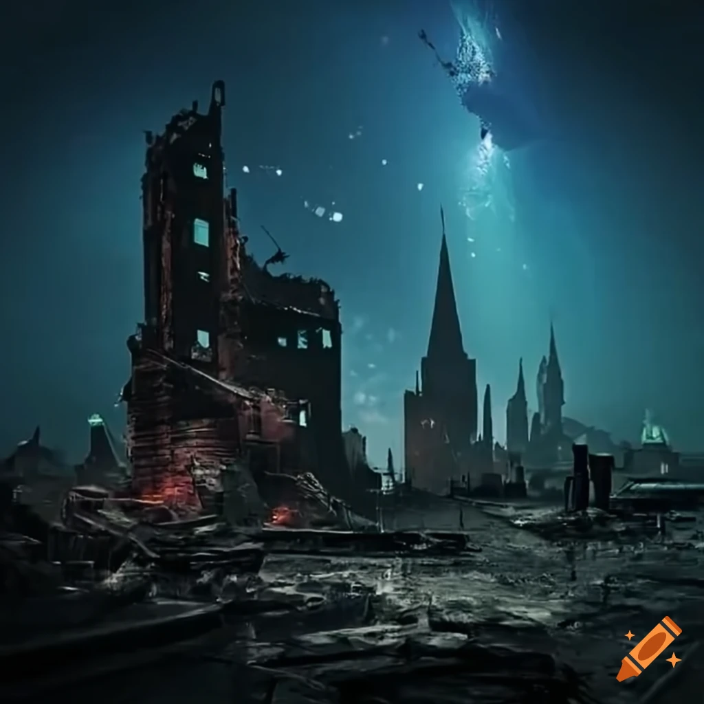 Post-apocalyptic city ruins in space with meteors on Craiyon