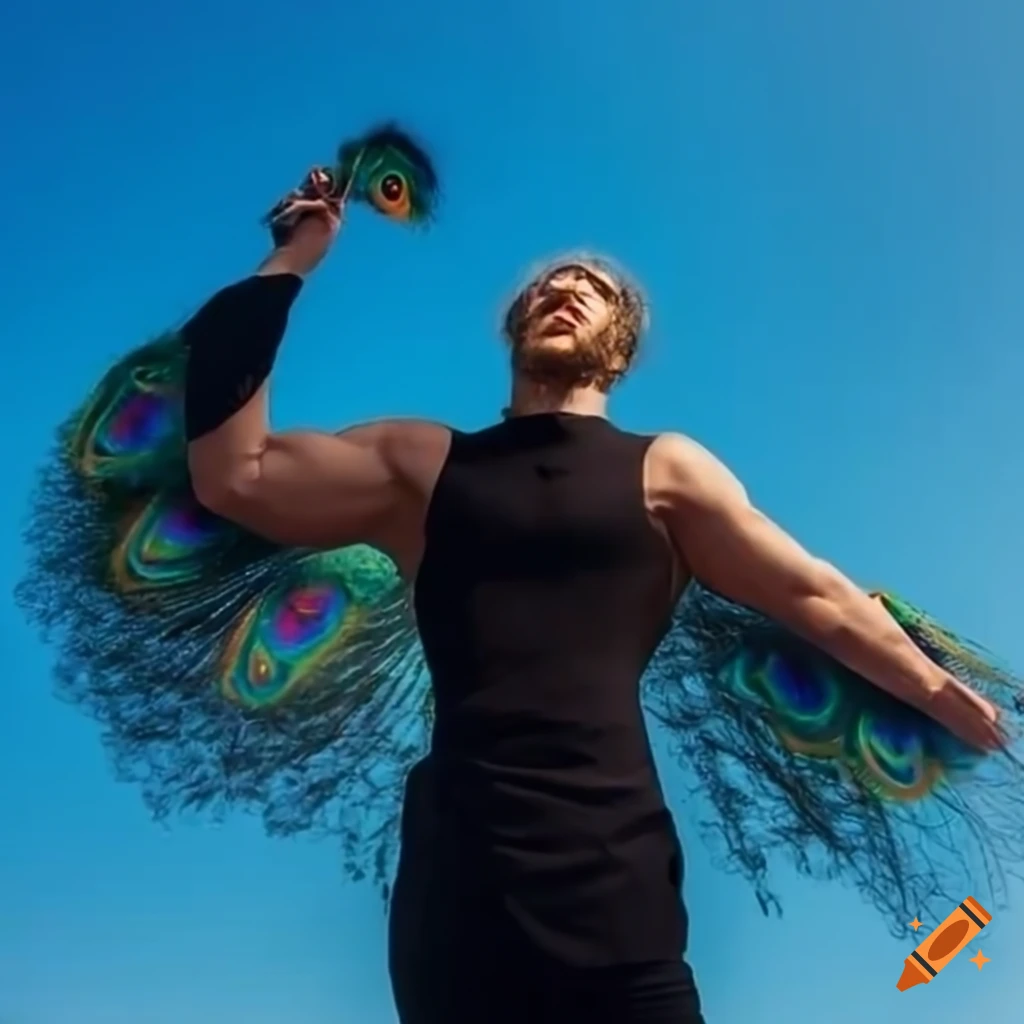 Muscular man dressed as a peacock on a sunny day on Craiyon