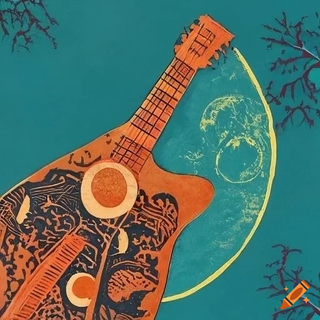 Collage art with earthy tones featuring a guitar, moon, and landscape ...