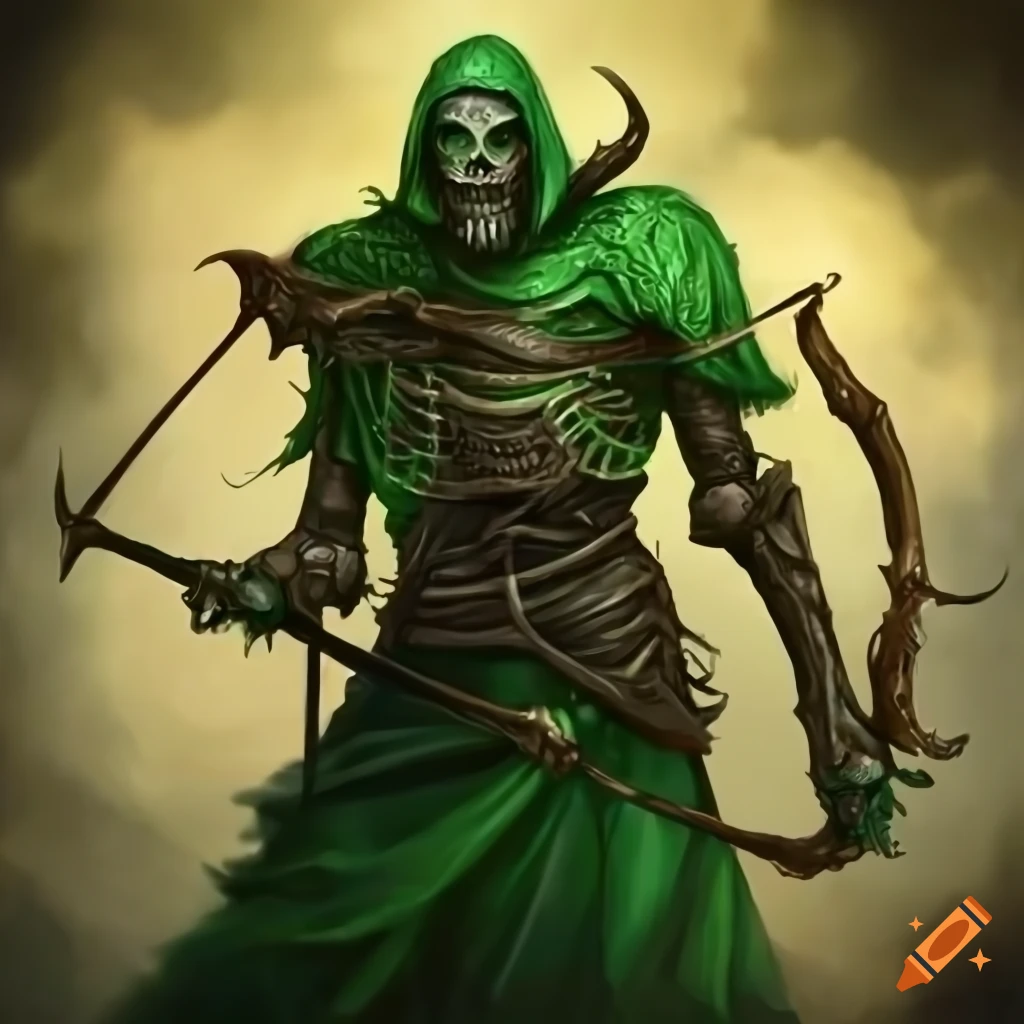 Fantasy skeletal ranger with green bow and dark hunter attire on Craiyon