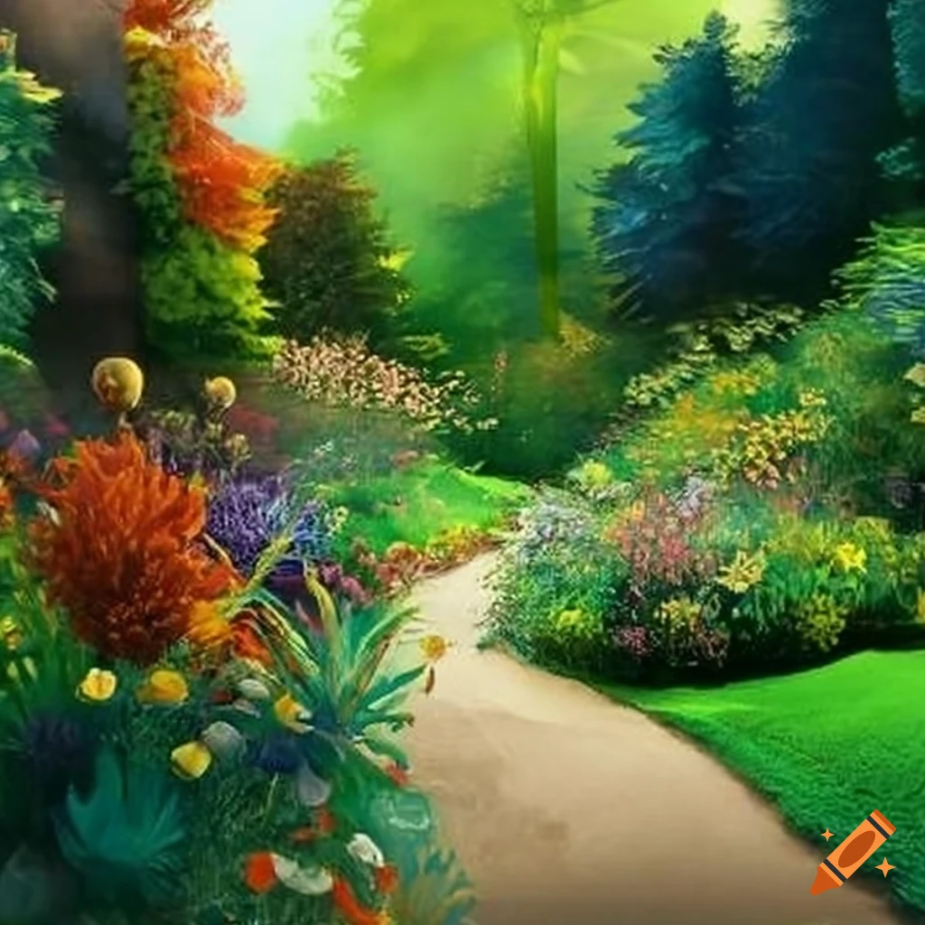 View through a realistic garden on Craiyon