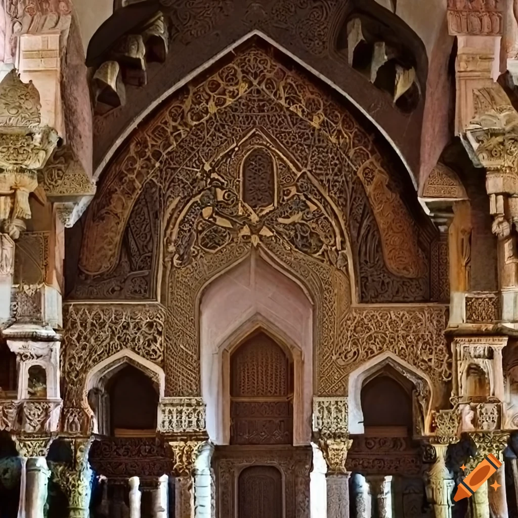 Great hall with plateresque adornments and statues of esoteric gods on ...