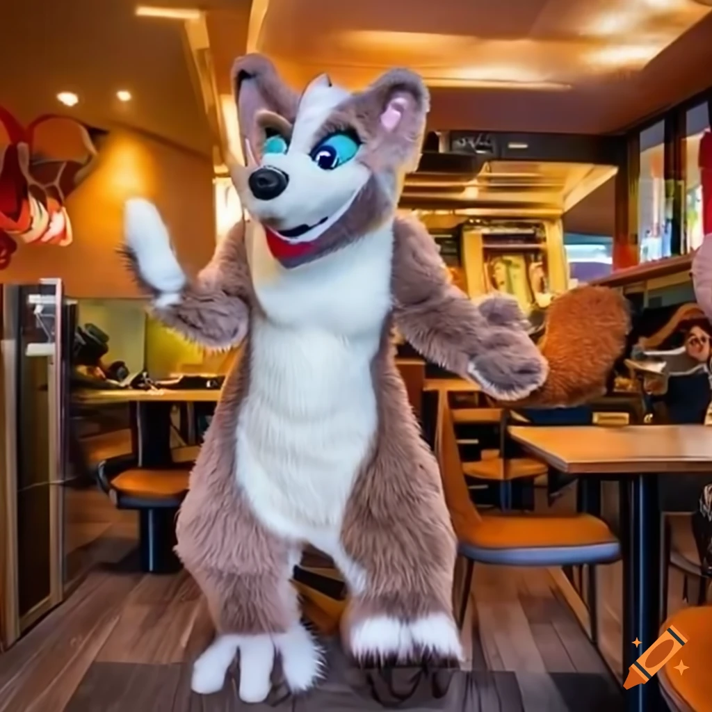 Waitress in weasel mascot fursuit at fast food restaurant on Craiyon