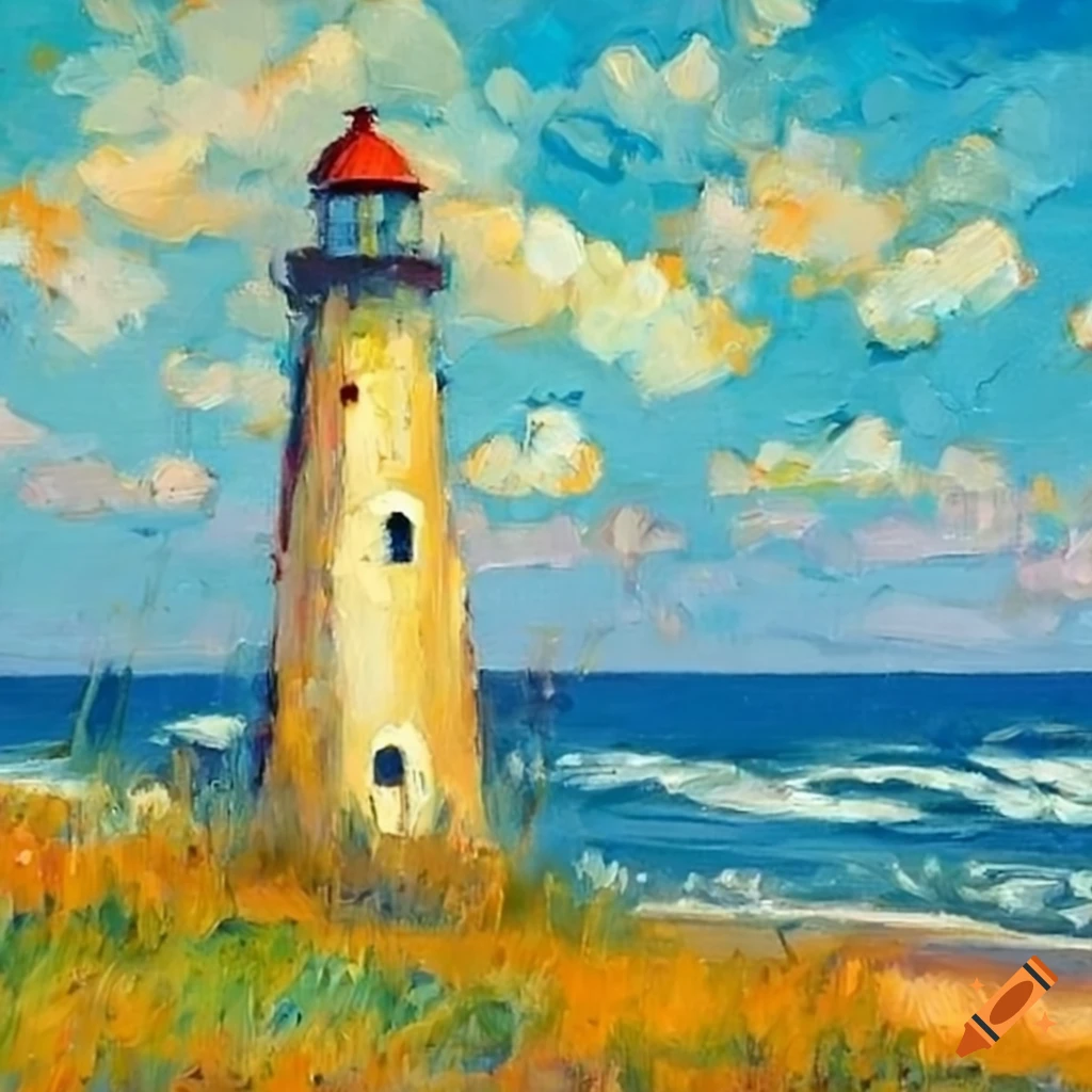 Impressionist painting of lighthouse, house, and beach on a sunny day ...