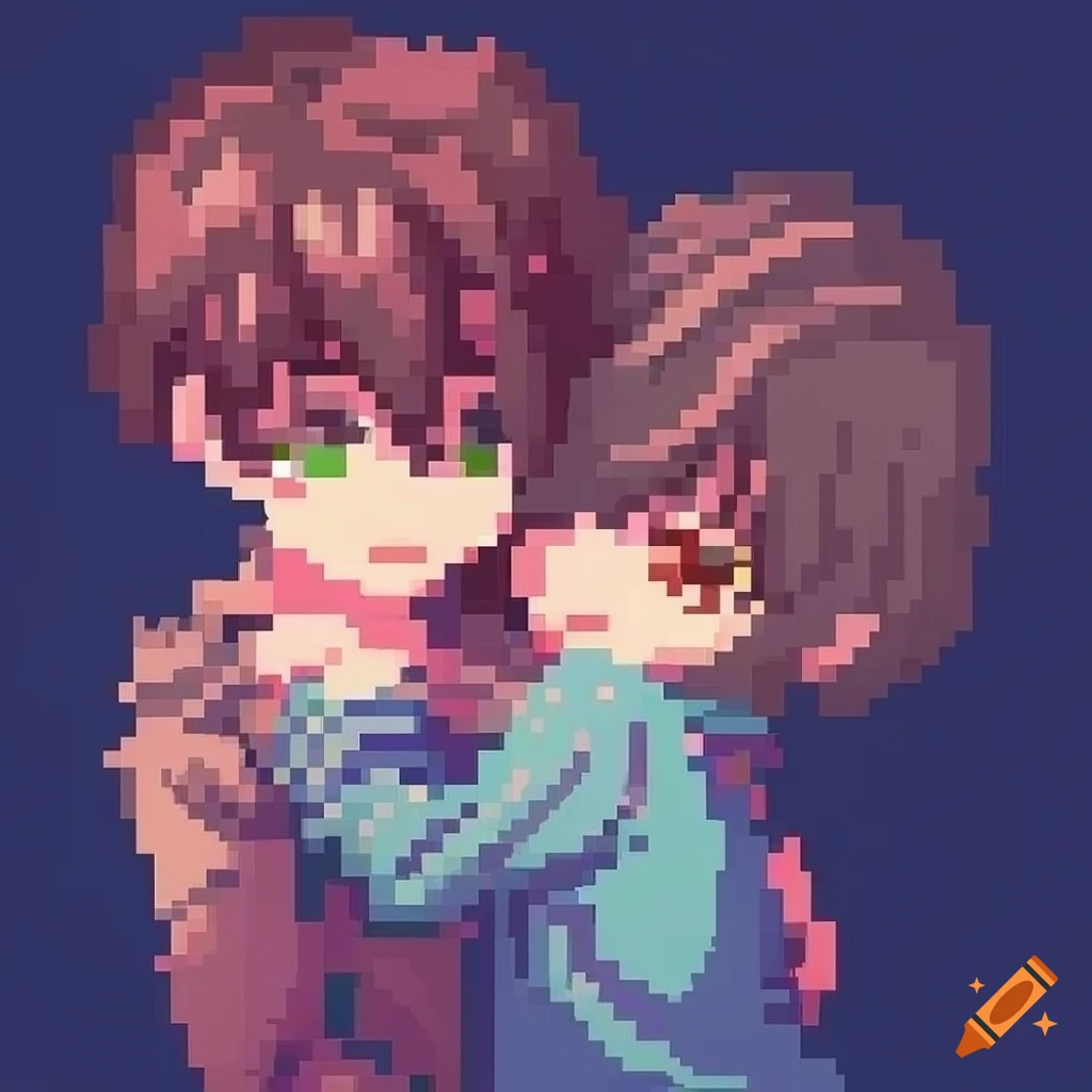 Anime boy and girl hugging in 64x64 pixel art on Craiyon