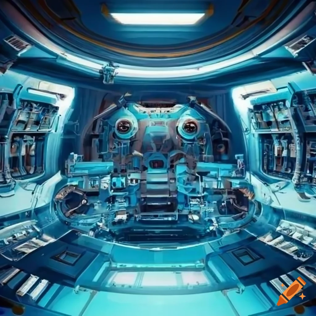 Themed medical bay with complex machinery inside a tropically space ...