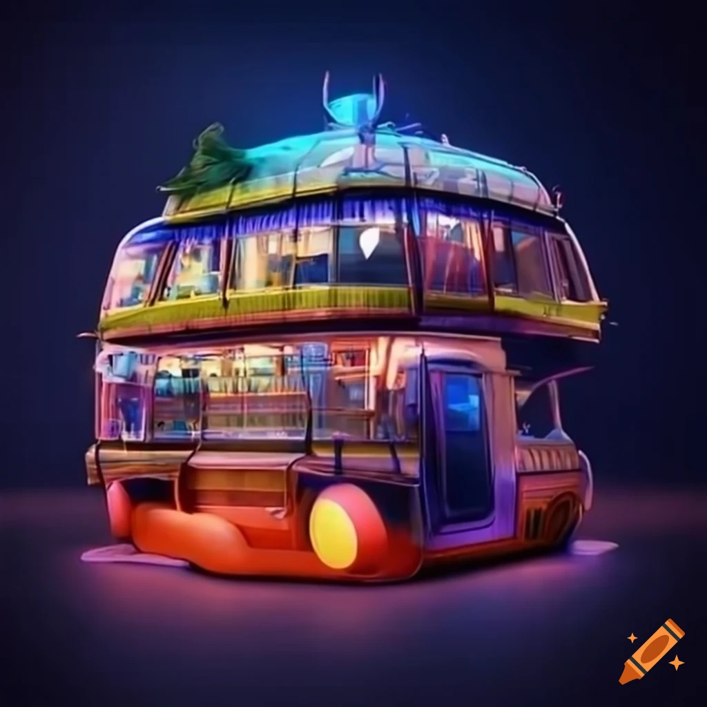 Colorful library inside a futuristic totoro bus inspired by gong qijun ...