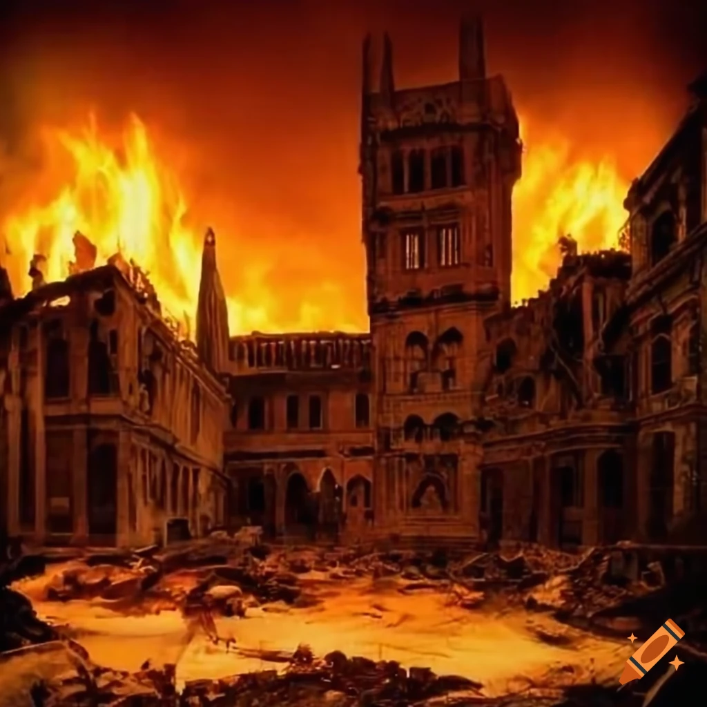 Collapsed renaissance palace with blazing yellow fire on Craiyon