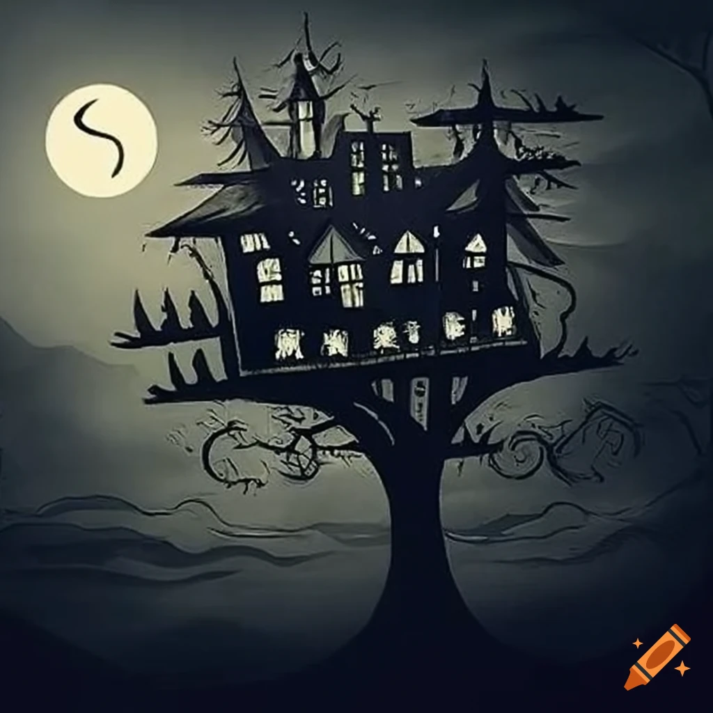 Haunted tree house with abstract geometric shapes in dark fantasy art ...