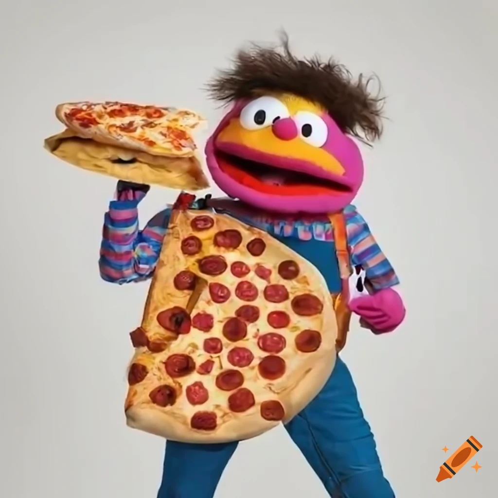 Adorable muppet character in a pizza costume with colorful overalls on ...