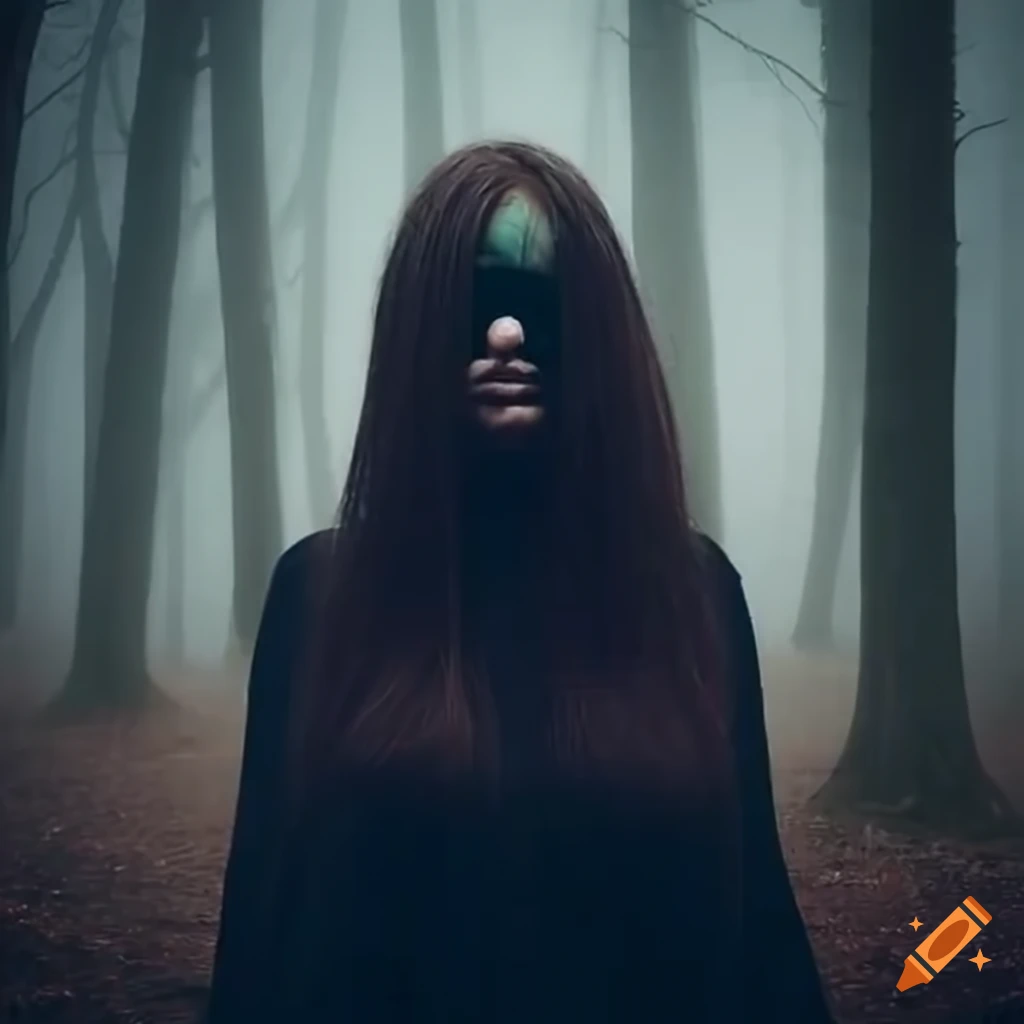Blindfolded mysterious woman with a smirk in a foggy magical forest on ...