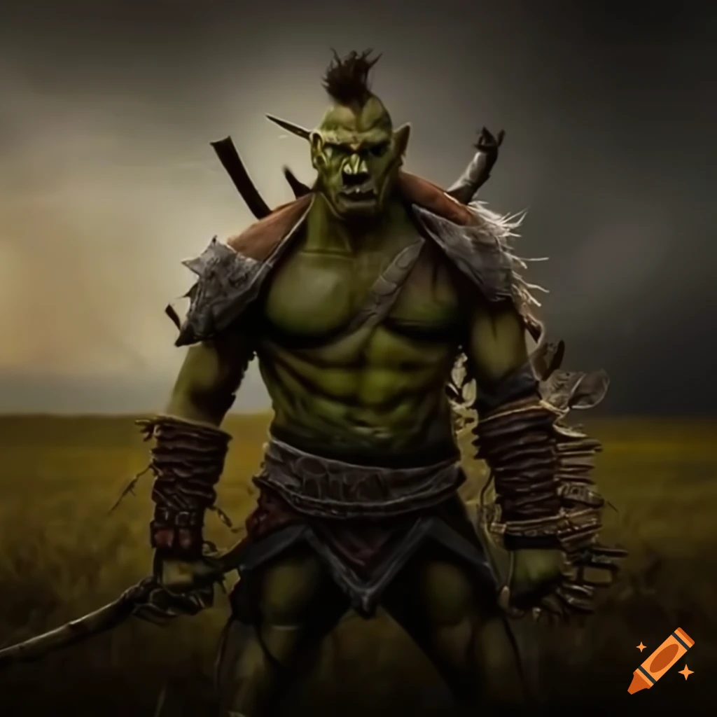 Handsome orc warrior with long hair in an empty field on Craiyon