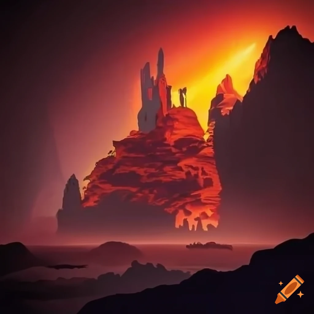 Underground cavern of magma with a castle on top of a cliff on Craiyon