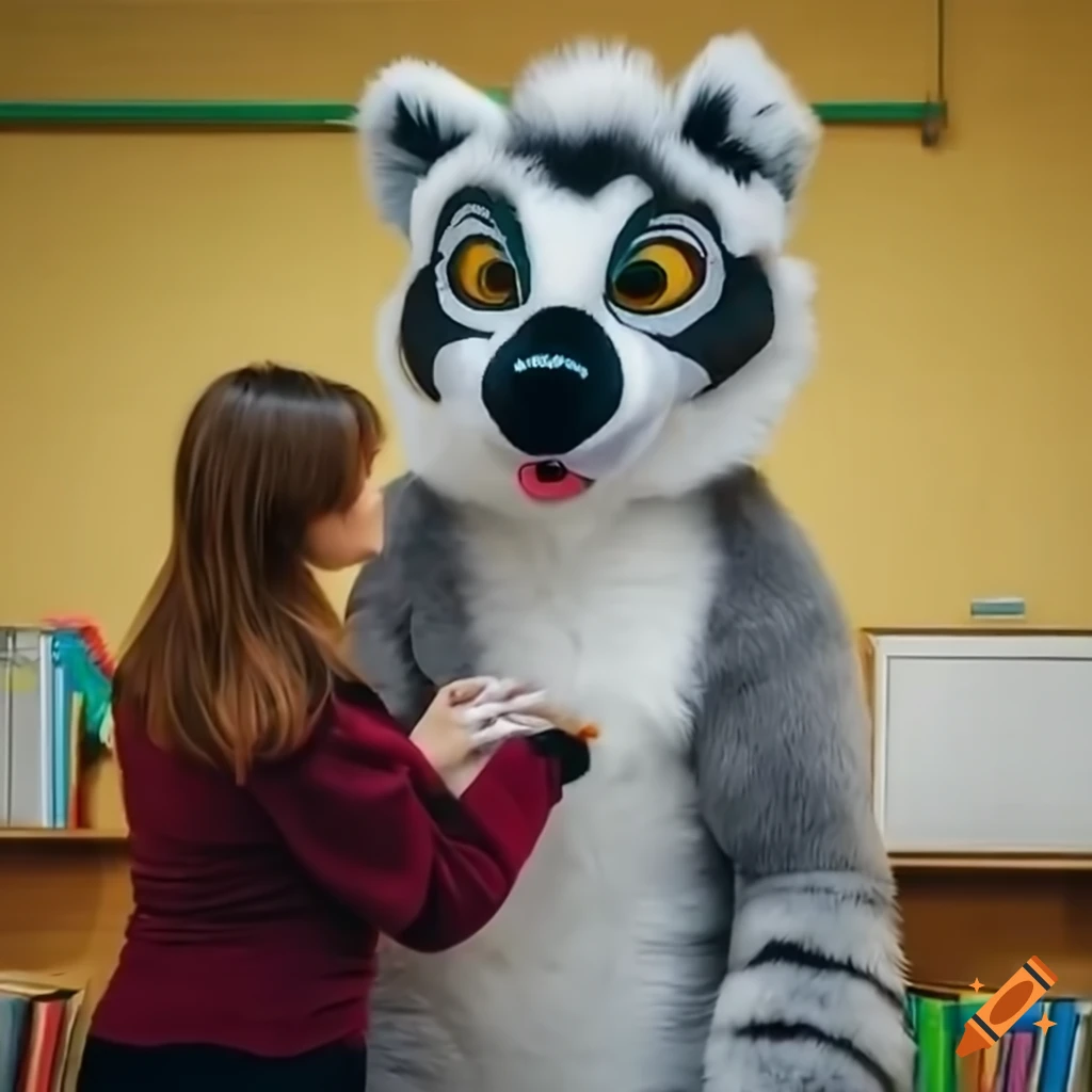 Female teacher in a lemur mascot costume in a classroom on Craiyon