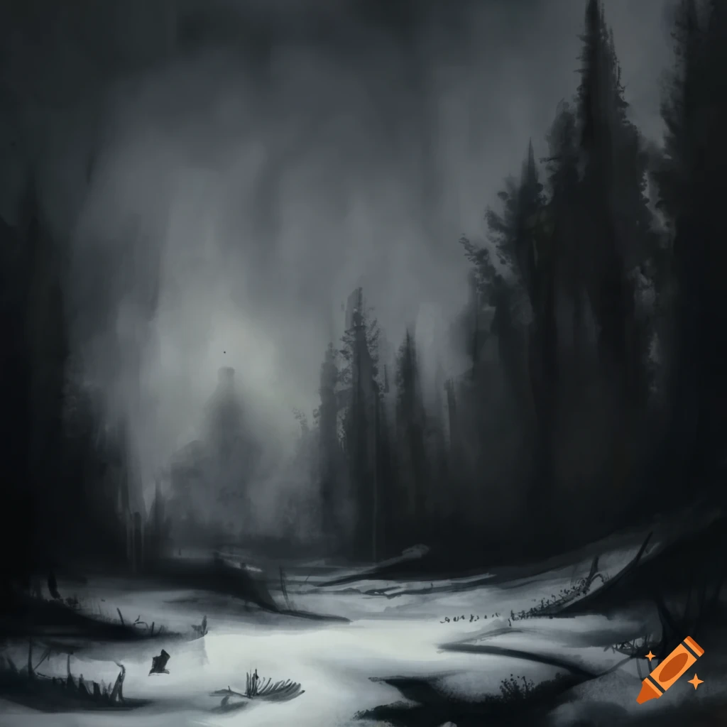 Dark ink illustration of a winter landscape on Craiyon