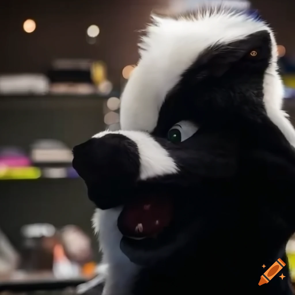 Employee wearing full body skunk mascot fursuit at store on Craiyon