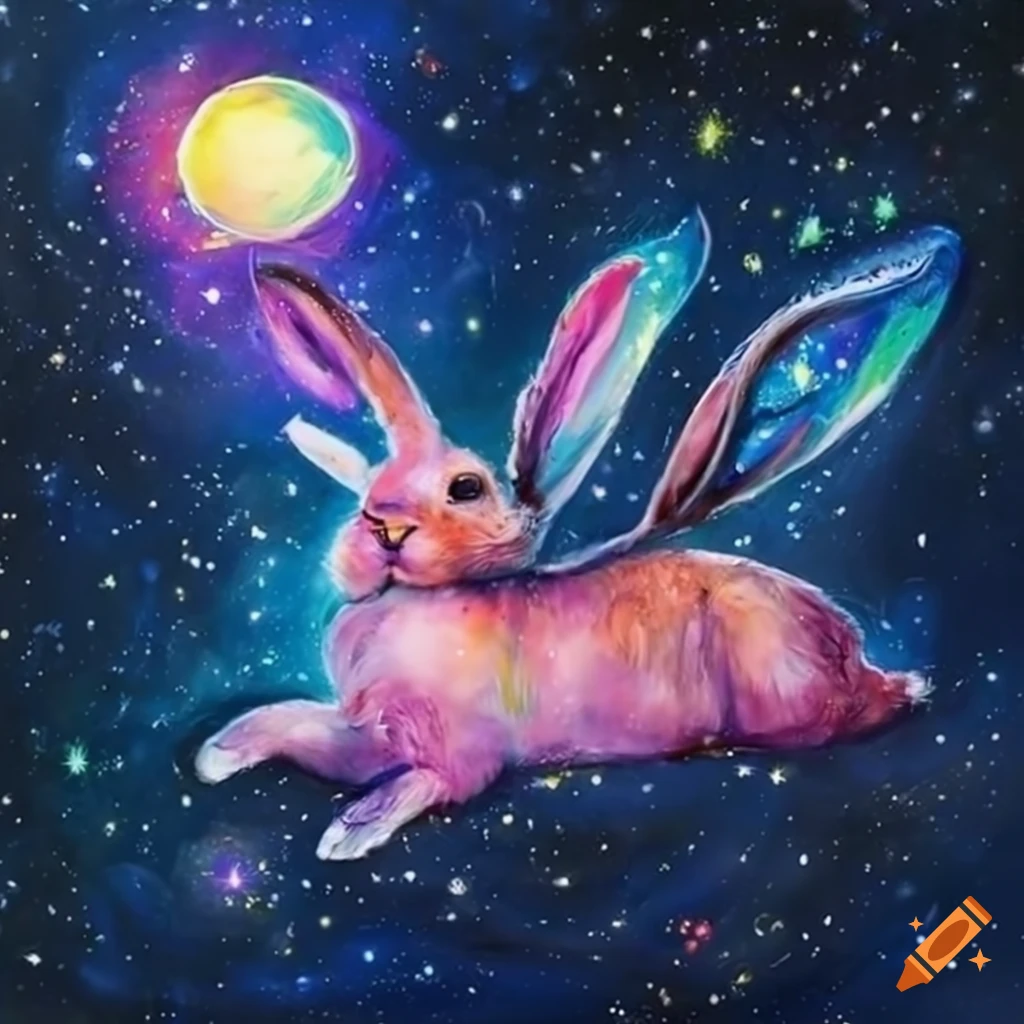 Adorable cosmic painting of a rabbit with firefly wings flying on Craiyon