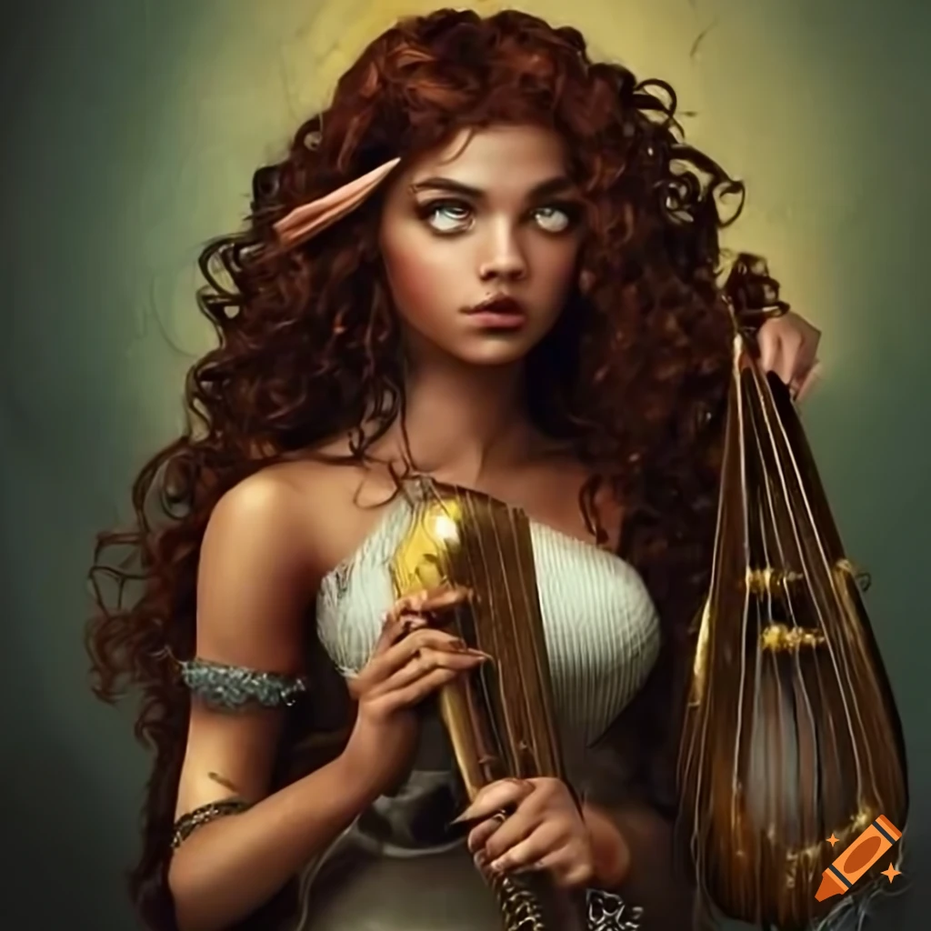Dark brown skinned half-elf girl playing a golden lyre on Craiyon