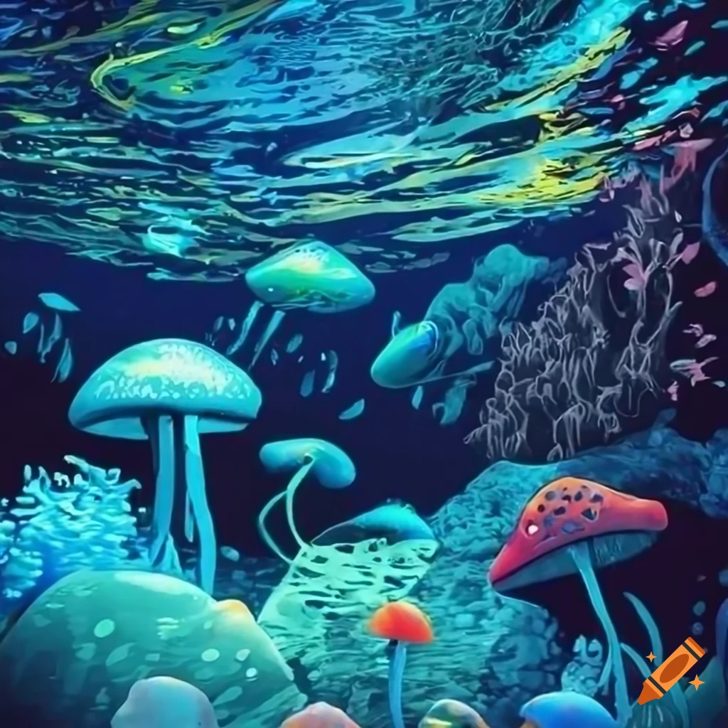 Underwater tapestry of vibrant fish, coral, and mythical creatures with ...