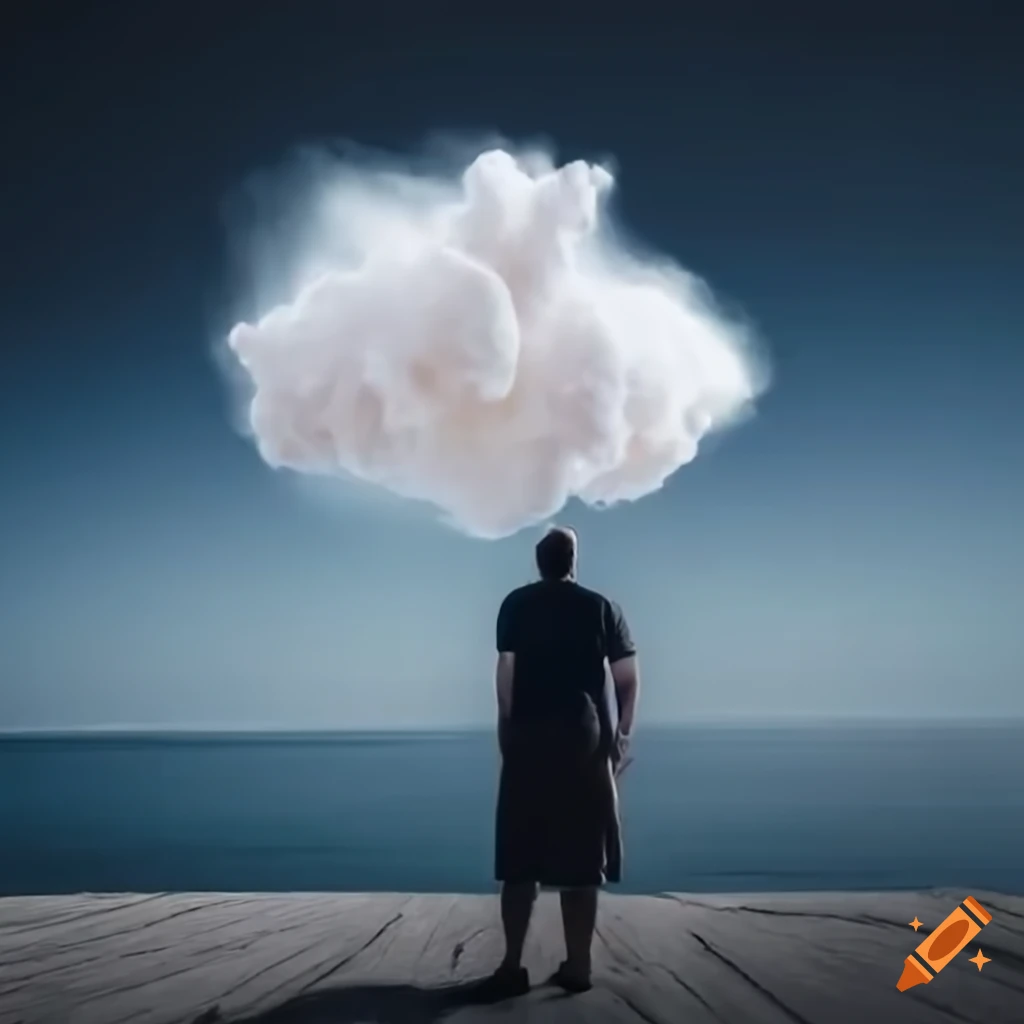 Adult person with a cloud overhead showing picture of holiday trip on ...