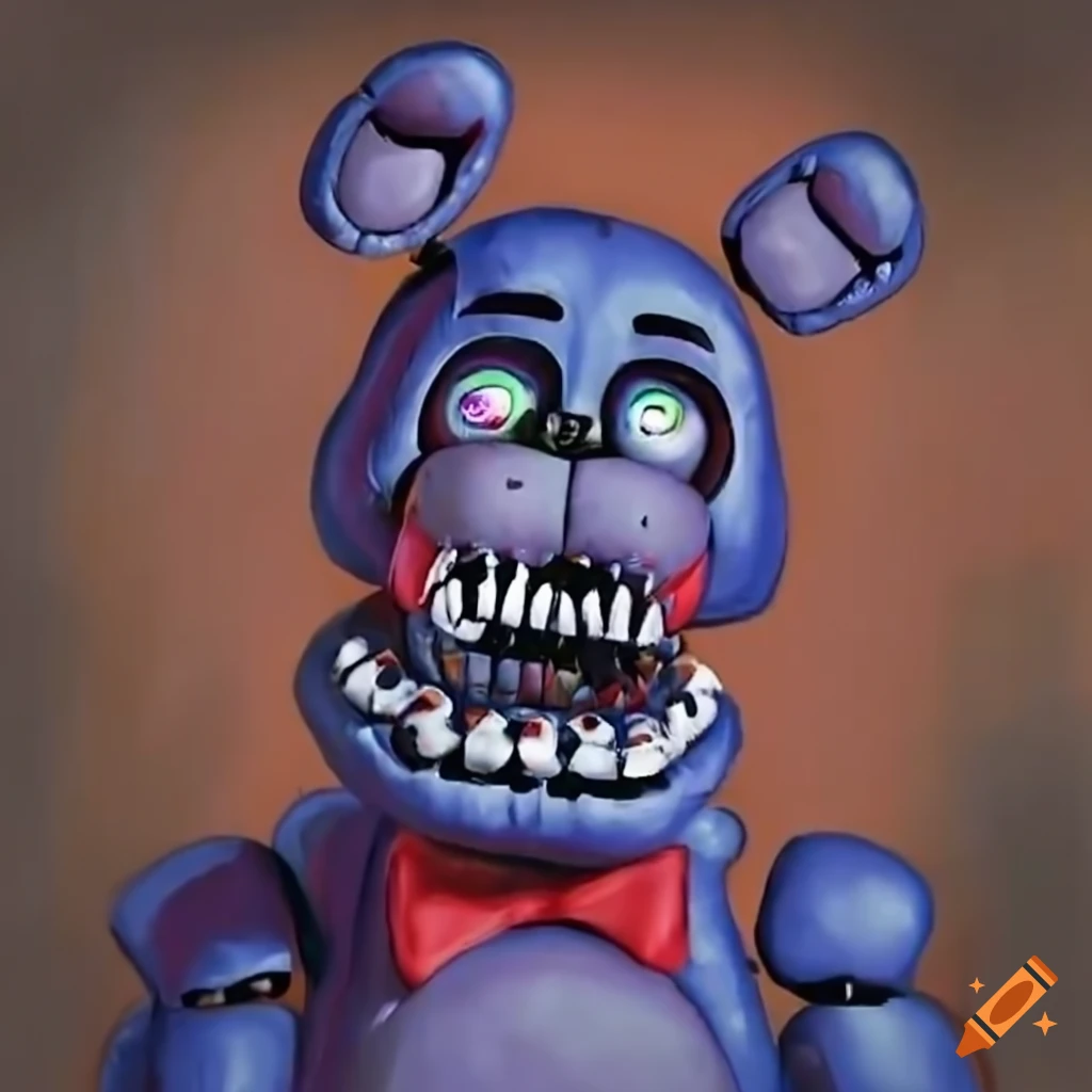 Burned bonnie with glowing eyes at the end of a hall on Craiyon