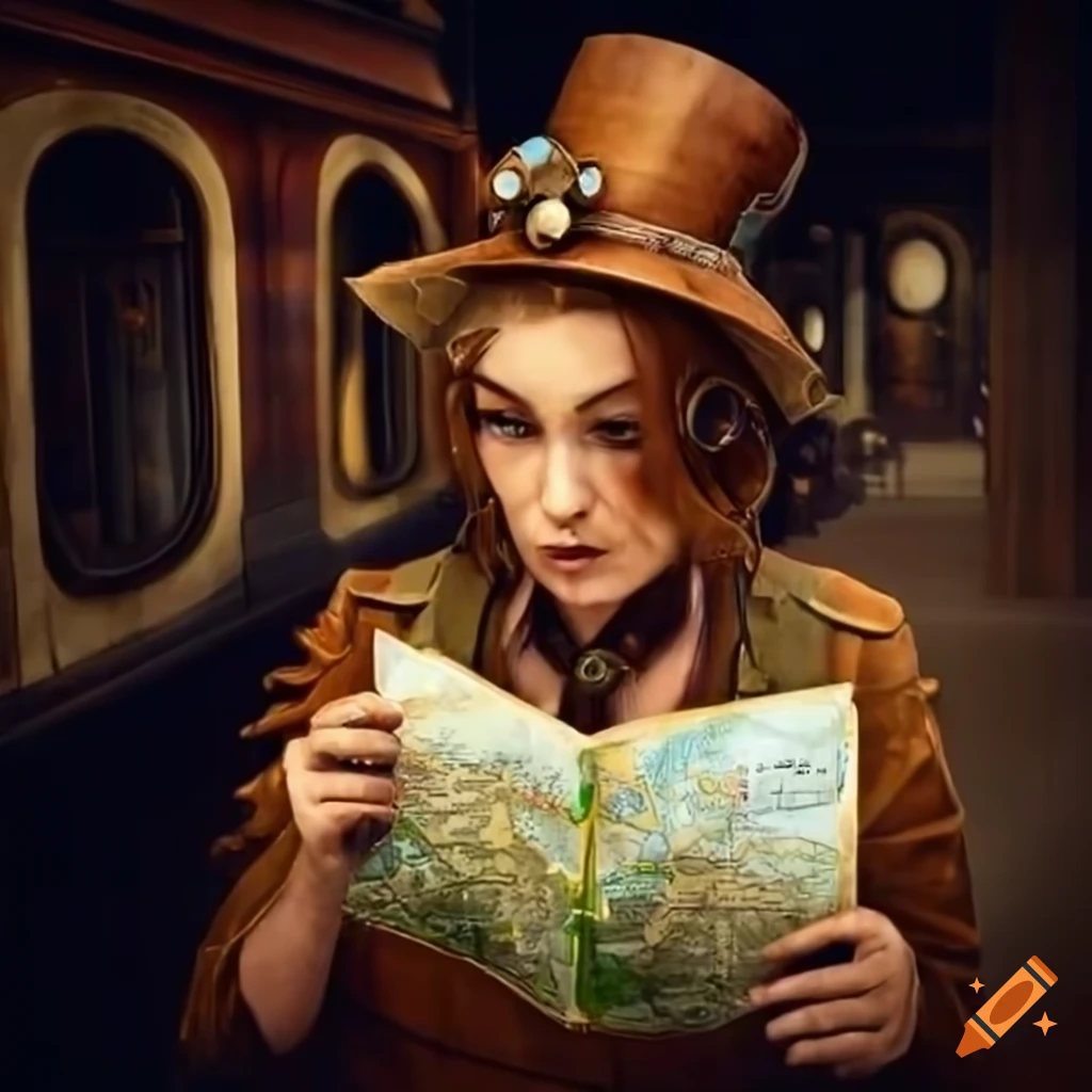 Steampunk adventurer studying map at train station on Craiyon