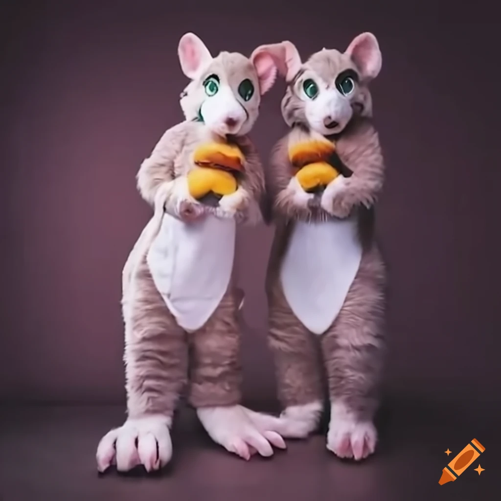 Two fast food workers in full body grey rat mascot fursuits at ...