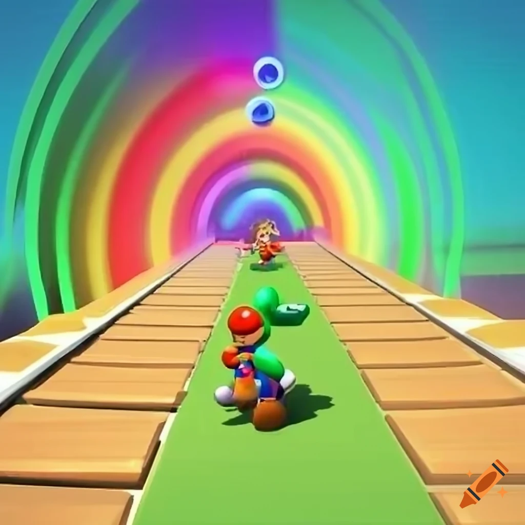 First-person view of vibrant rainbow path with green pipes like ...