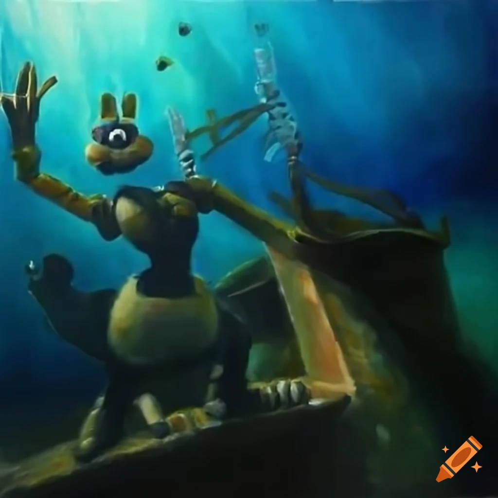 Freddy fazbear battling lucario underwater on a sunken boat on Craiyon