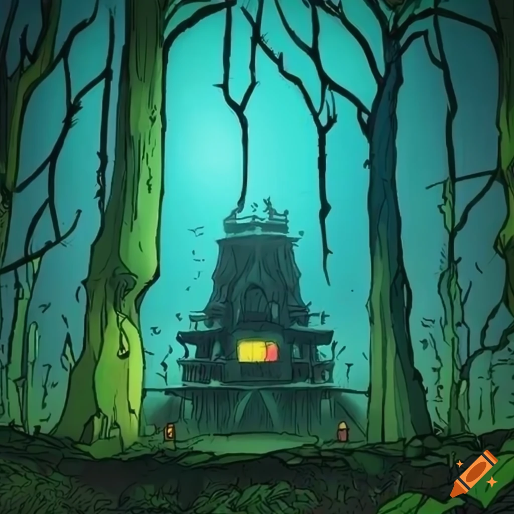 Alien temple in a dense forest with comic book style on Craiyon