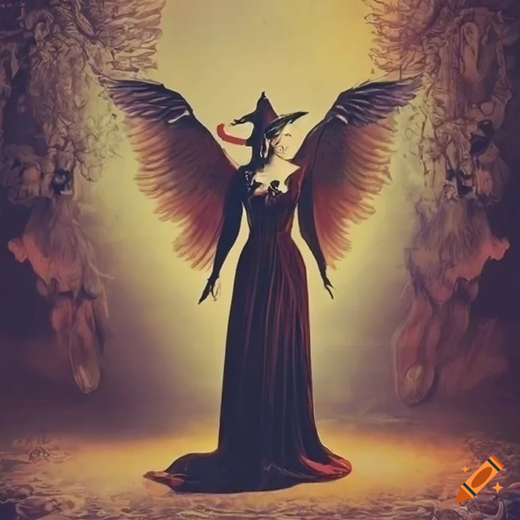 Vintage poster of a winged witch in full body profile on Craiyon