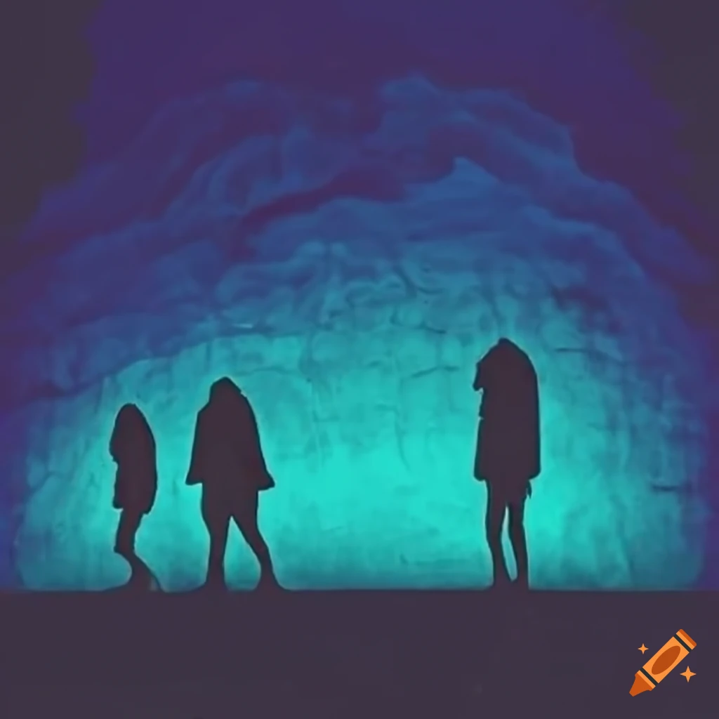 Psychedelic abstract silhouettes with eyeless people and city buildings ...