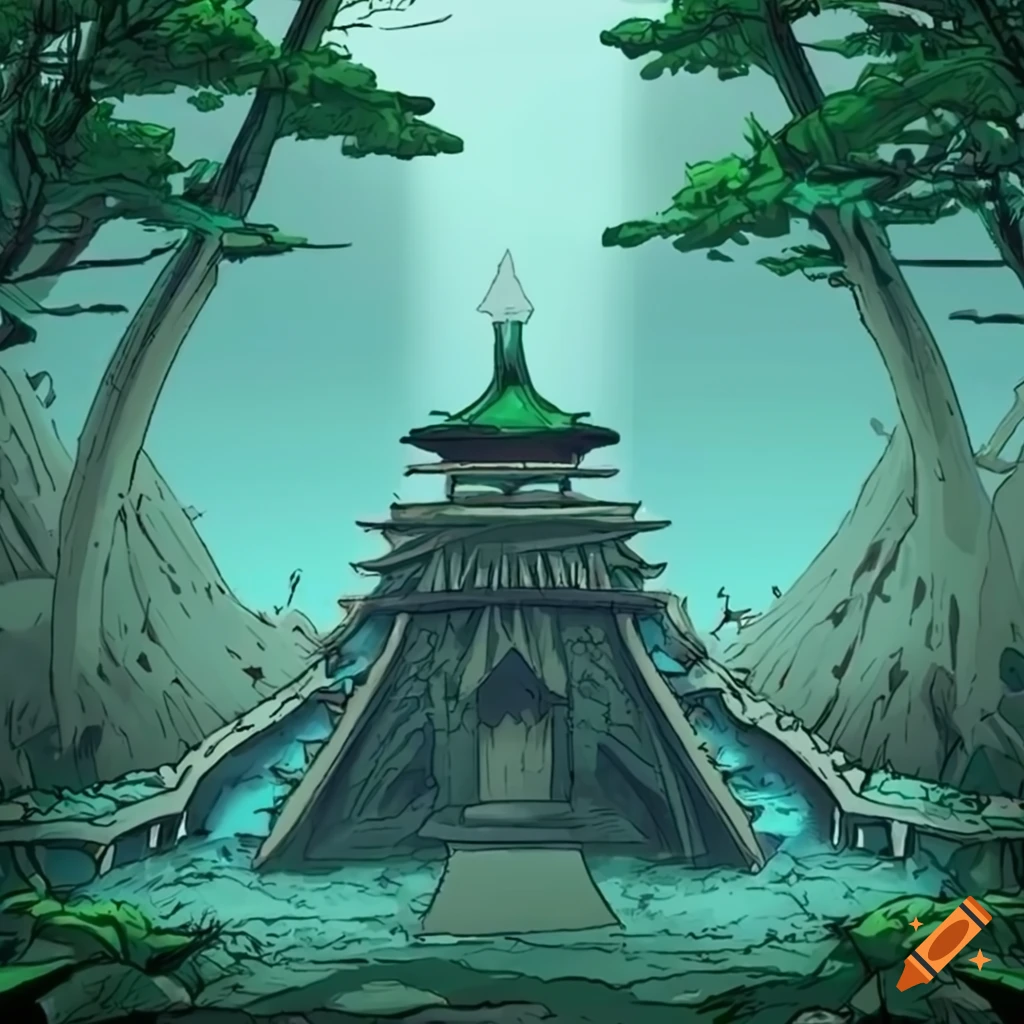 Alien temple in a dense forest with comic book style on Craiyon