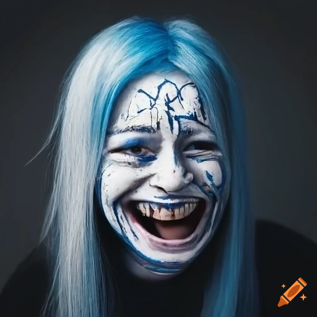 Face with blue spiral and painted teeth with long blue hair on Craiyon