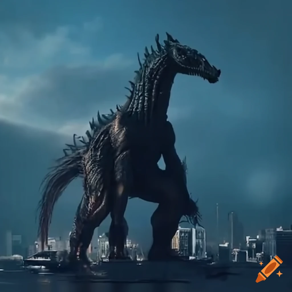Colossal suitmation equine horse kaiju towering over a city on Craiyon