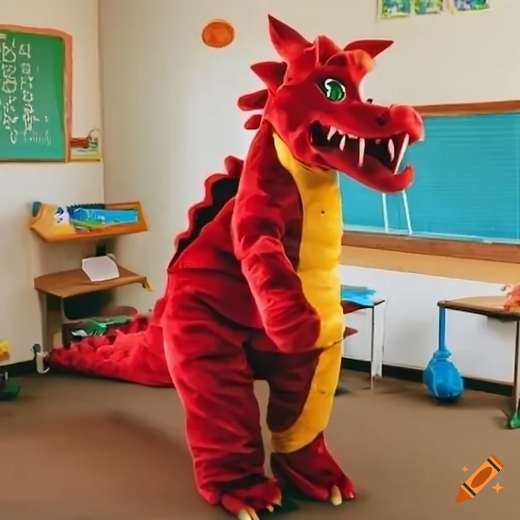 Male teacher in a dragon mascot costume in the classroom on Craiyon