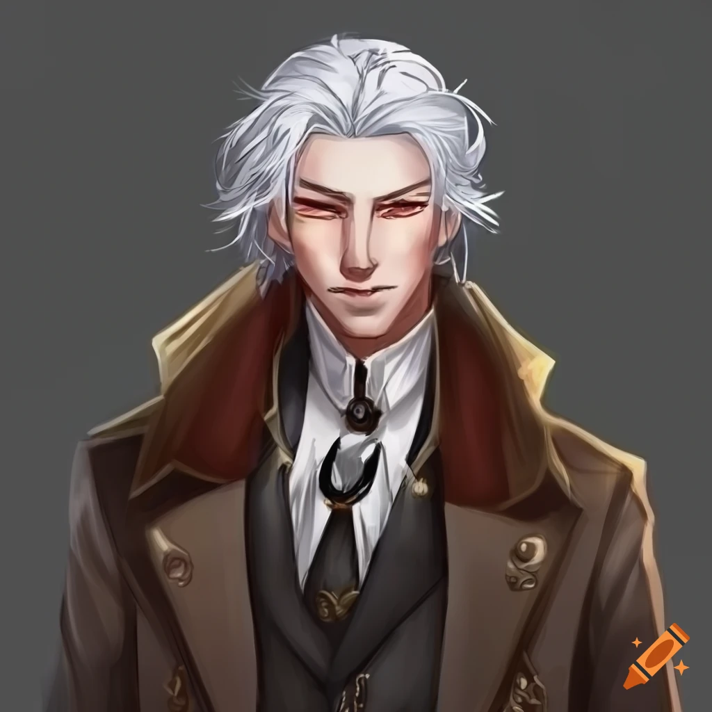 Aasimar D&D butler with white hair and golden eyes in long overcoat on ...