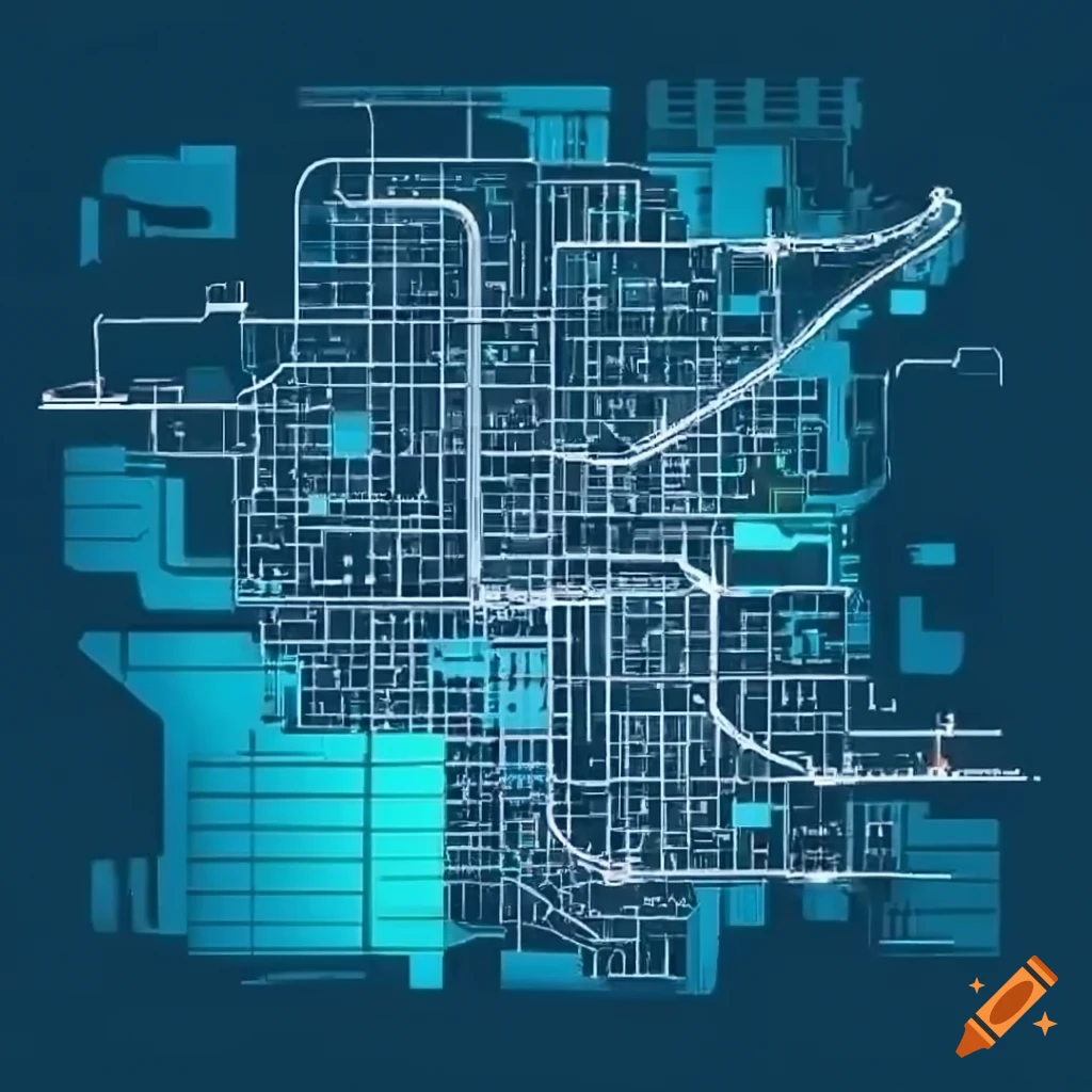 High tech city street map with street names and important locations on ...