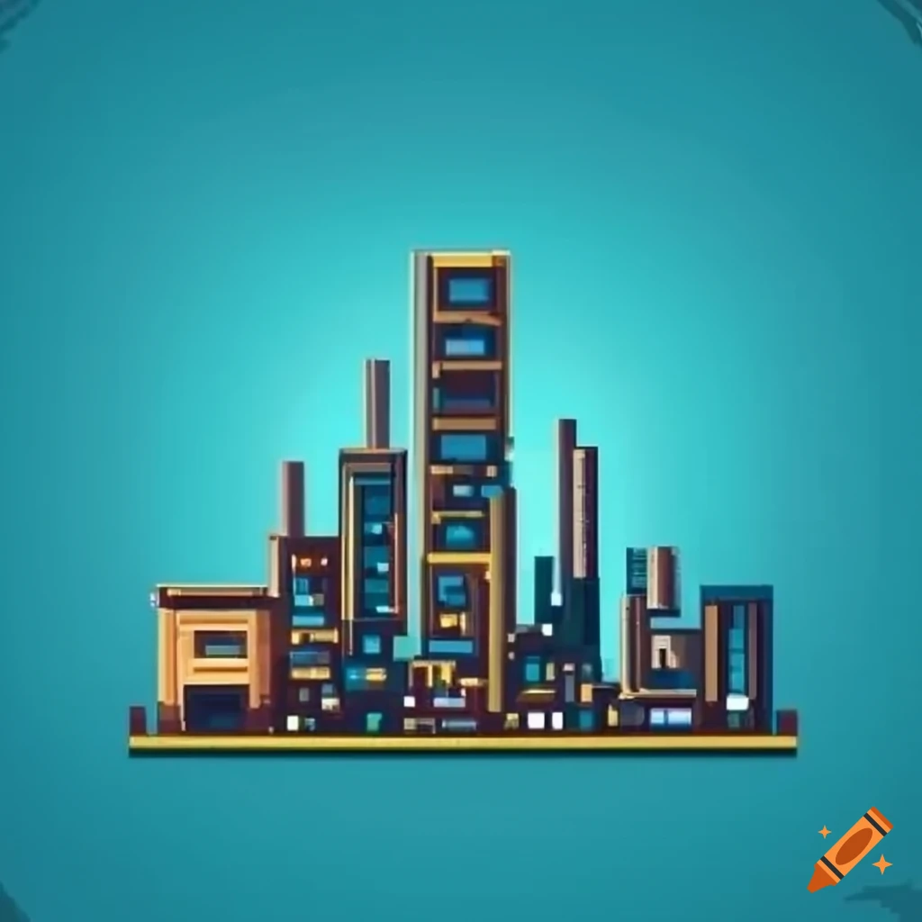 Pixel art style city made of computer parts, logic boards, and ...
