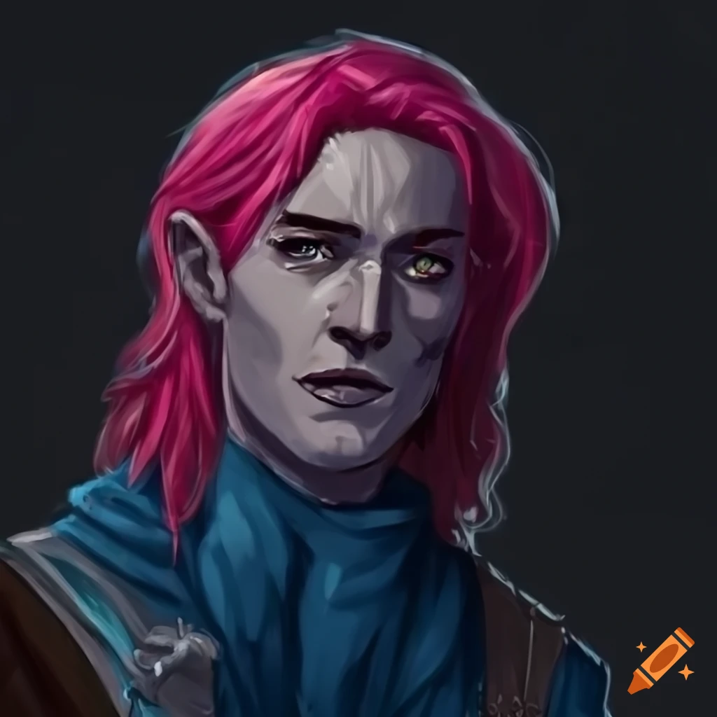 Male rogue with blue skin and pink hair in a d&d setting on Craiyon