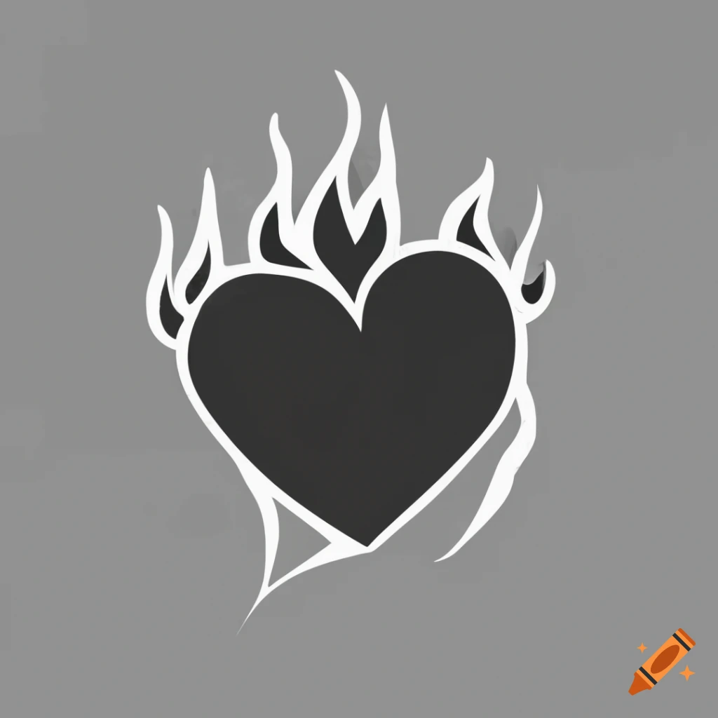 Minimalistic black illustration of a fiery heart on white background on ...