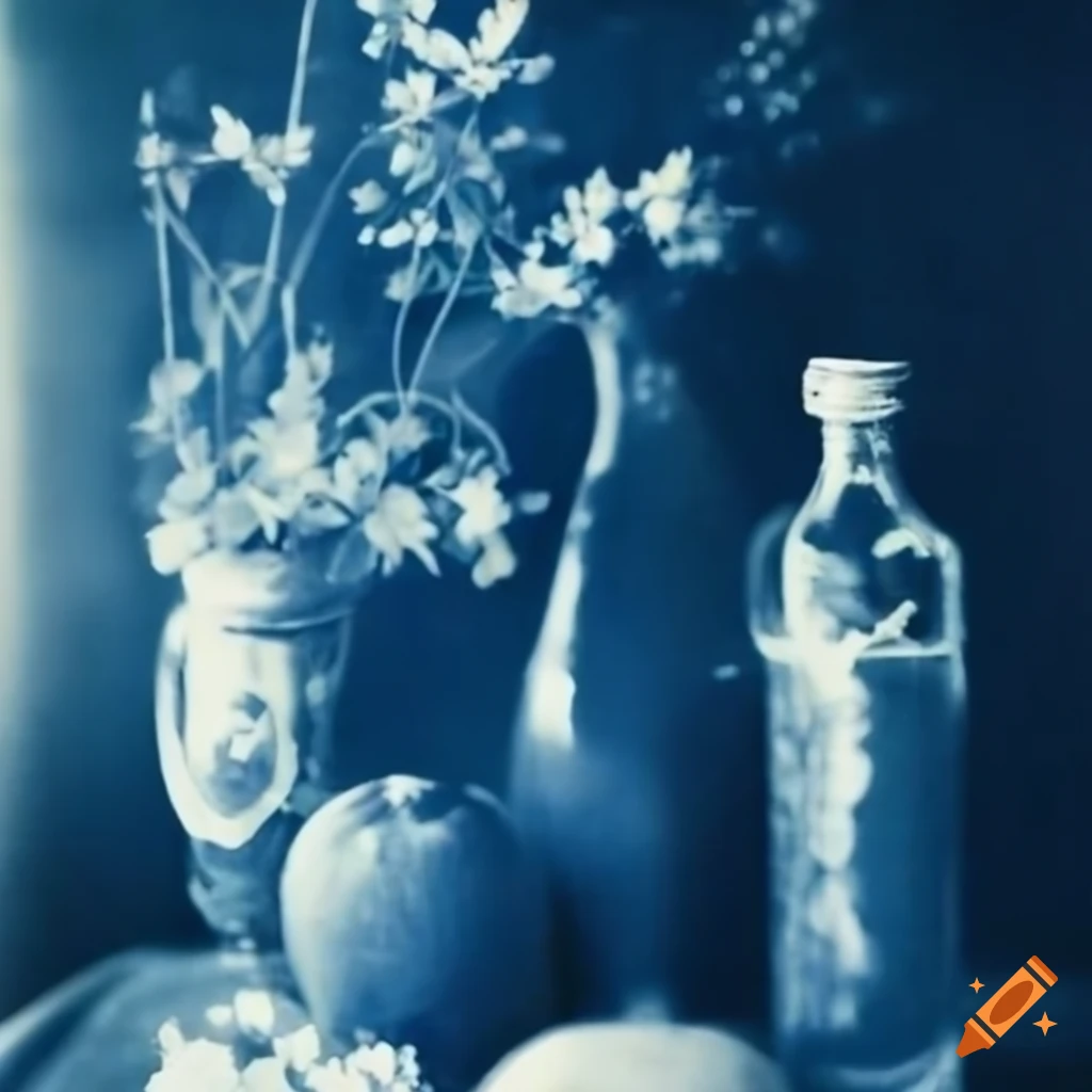 Blurry still life with fruit, flowers, and bottles in a vintage ...