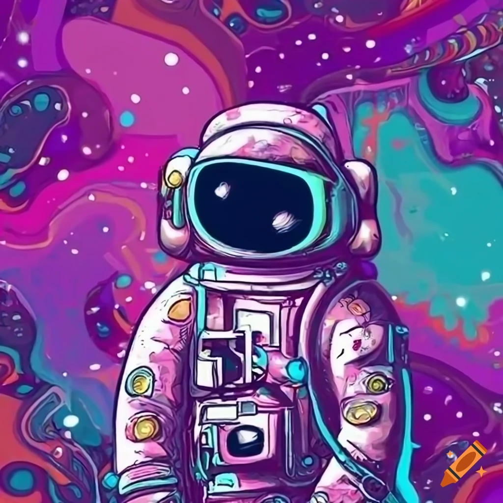 Cartoon astronaut with purple music in epic space abstract on Craiyon