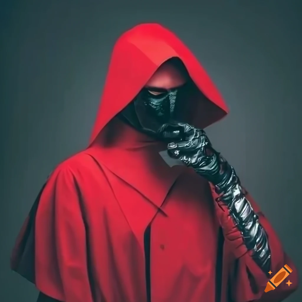 Man in futuristic red robe and black mask with metal gloves and boots ...