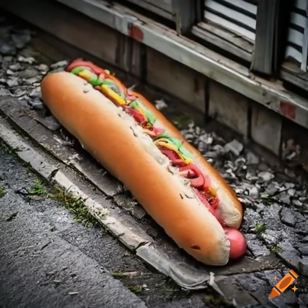 Lonely abandoned hot-dog in the gutter on Craiyon