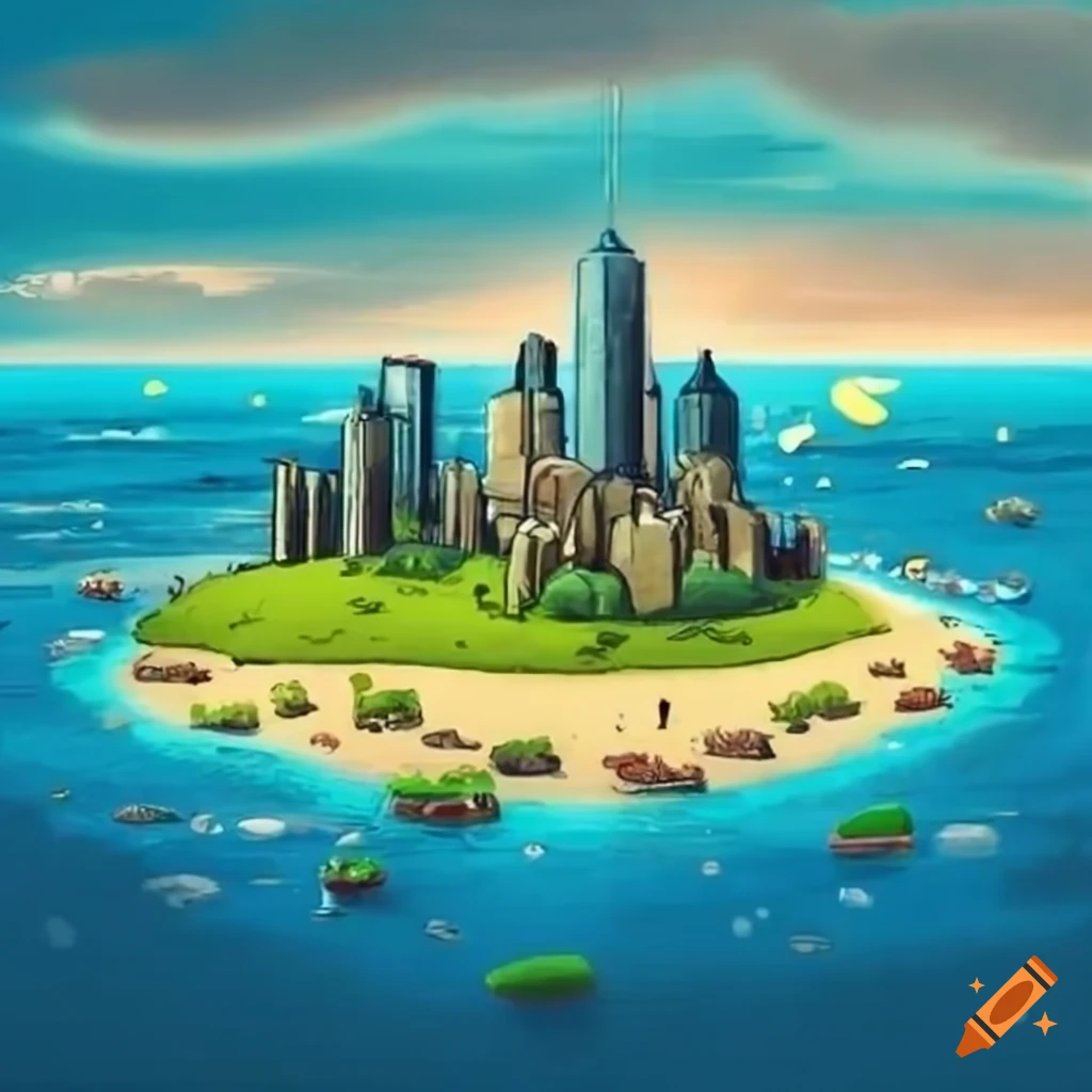 Insel im Comic-Stil, auf der glückliche Menschen leben und Spaß haben ...