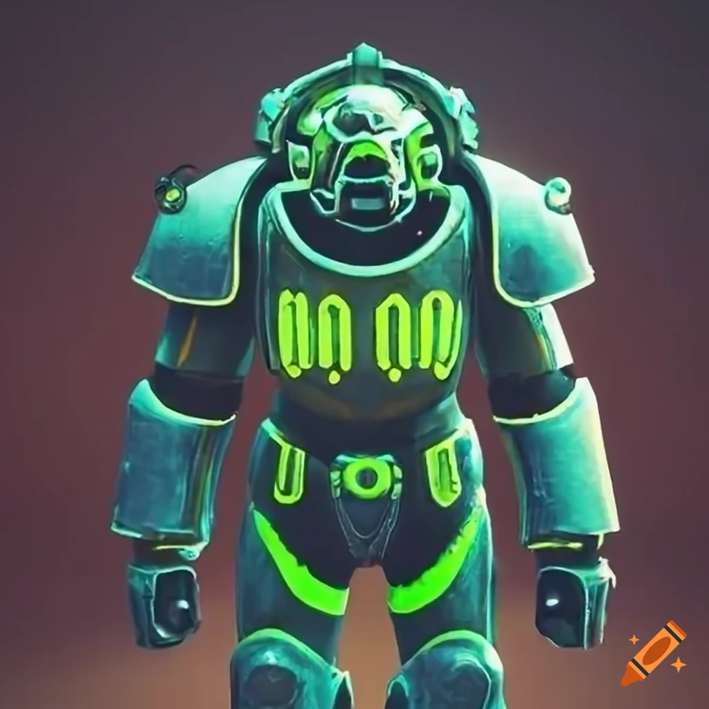 Neon power armor in a fallout inspired setting on Craiyon