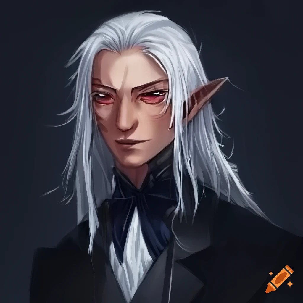 Aasimar D&D butler with white hair and golden eyes in long overcoat on ...